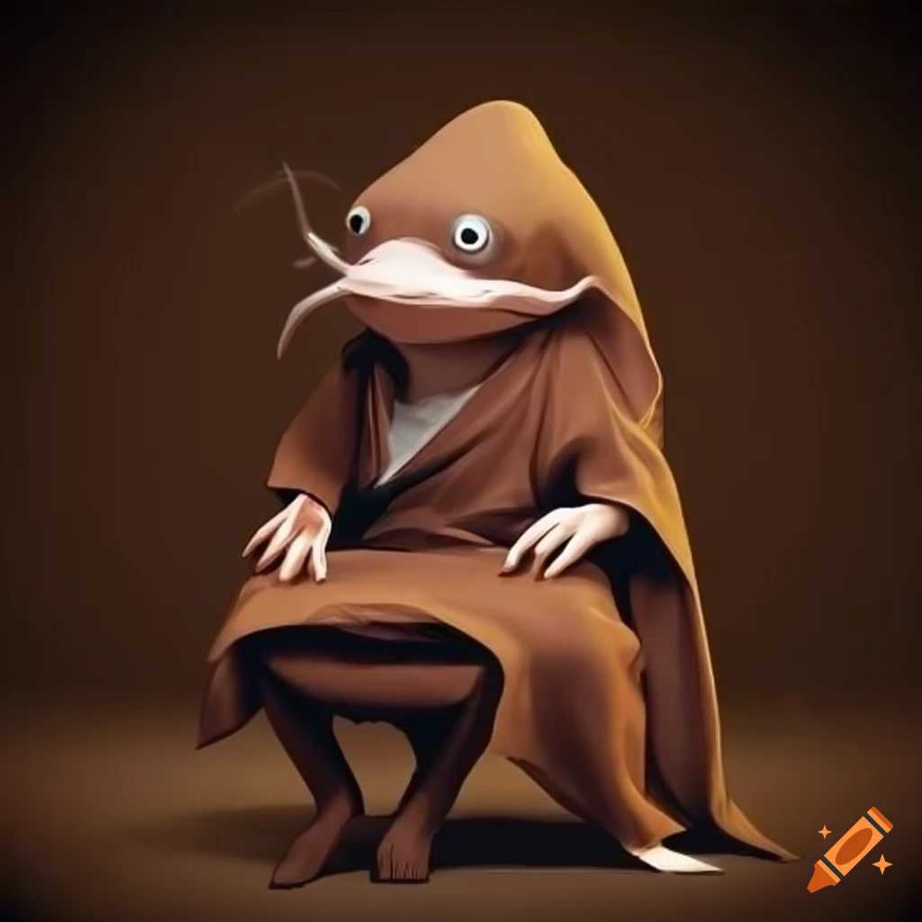 Humanoid catfish in a brown robe seated in a chair on Craiyon