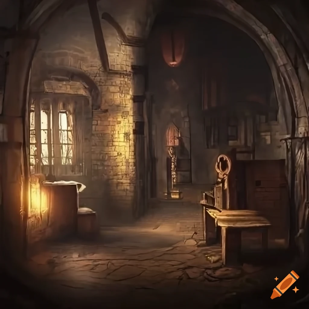 Steampunk medieval prison complex at night with monks in a rainy and ...