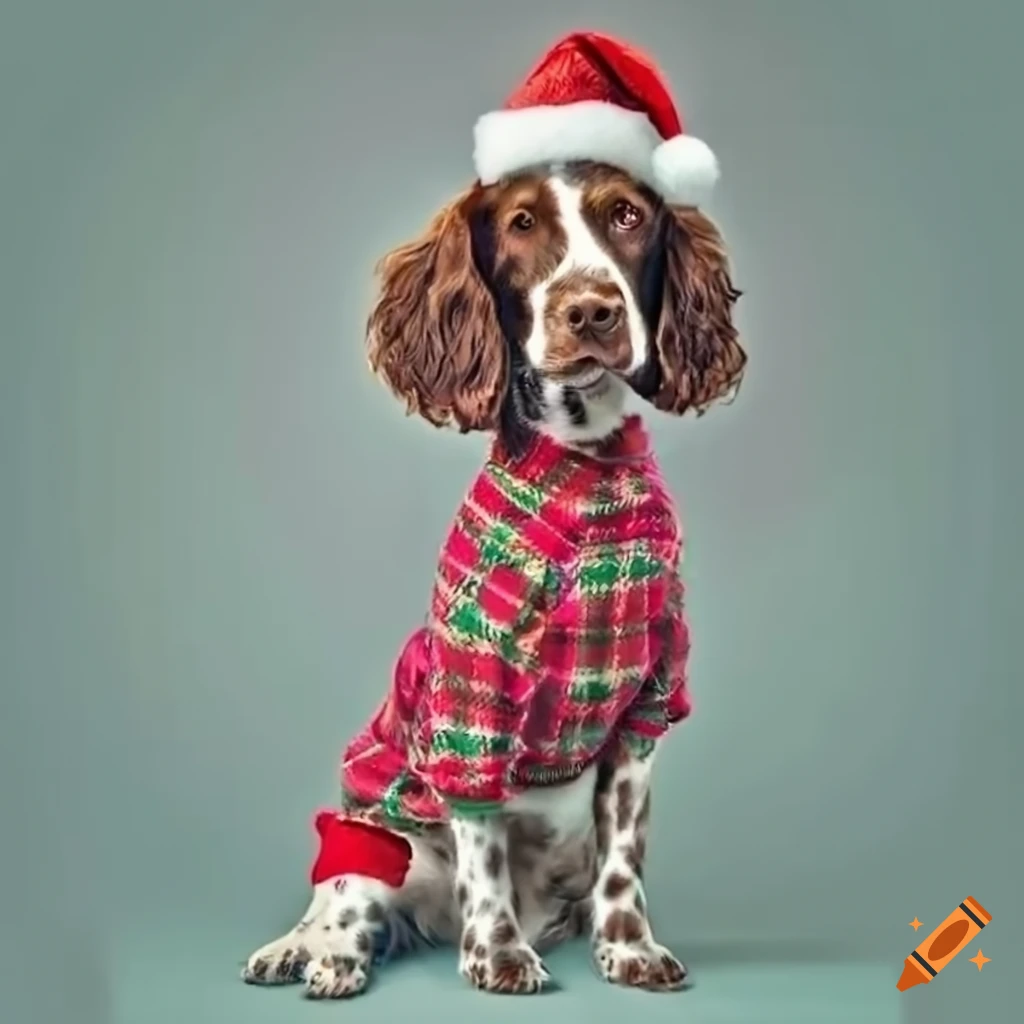 Springer spaniel wearing christmas hat and jumper on Craiyon
