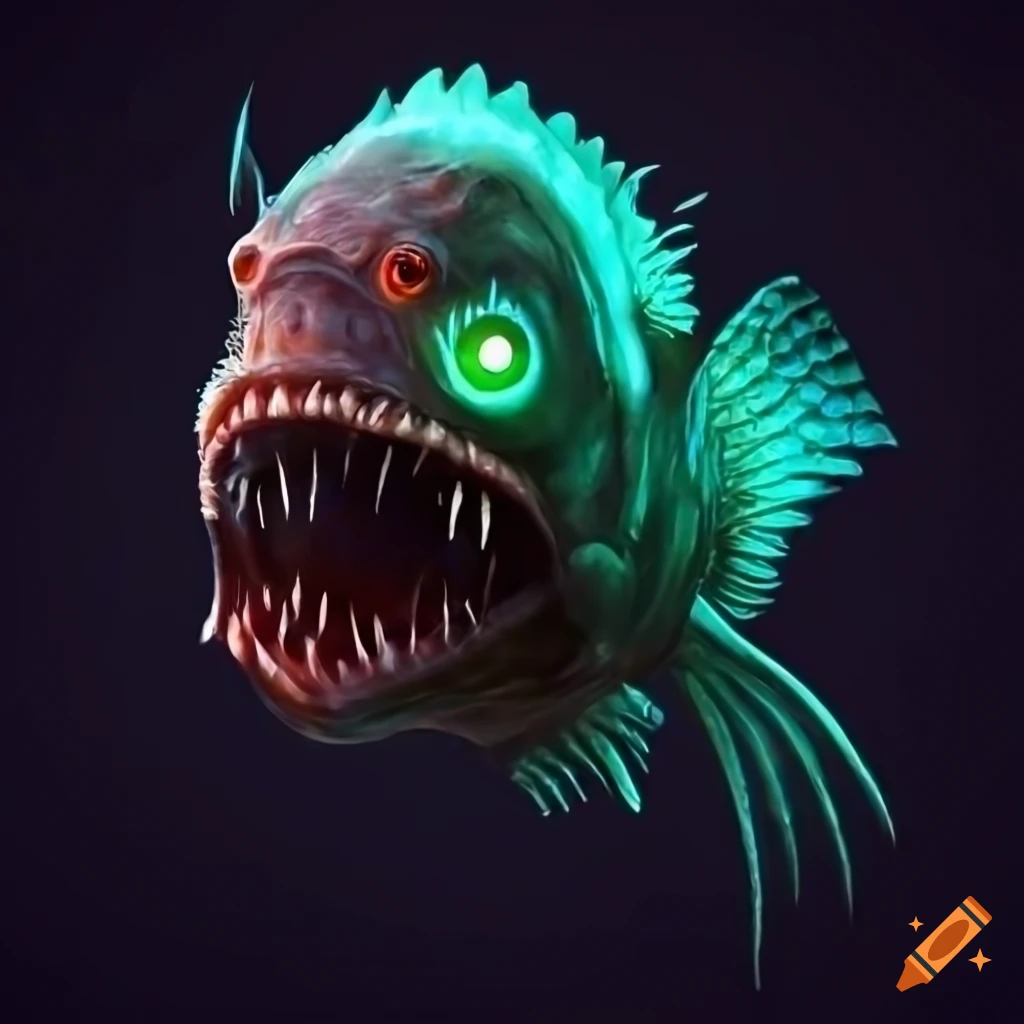 Muscular humanoid anglerfish deep sea monster portrait on Craiyon