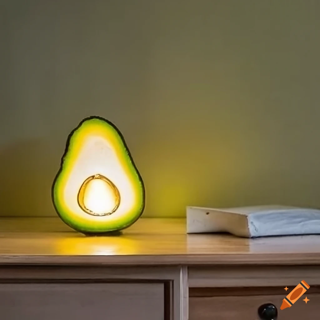 Avocado-shaped lit lamp on a nightstand on Craiyon