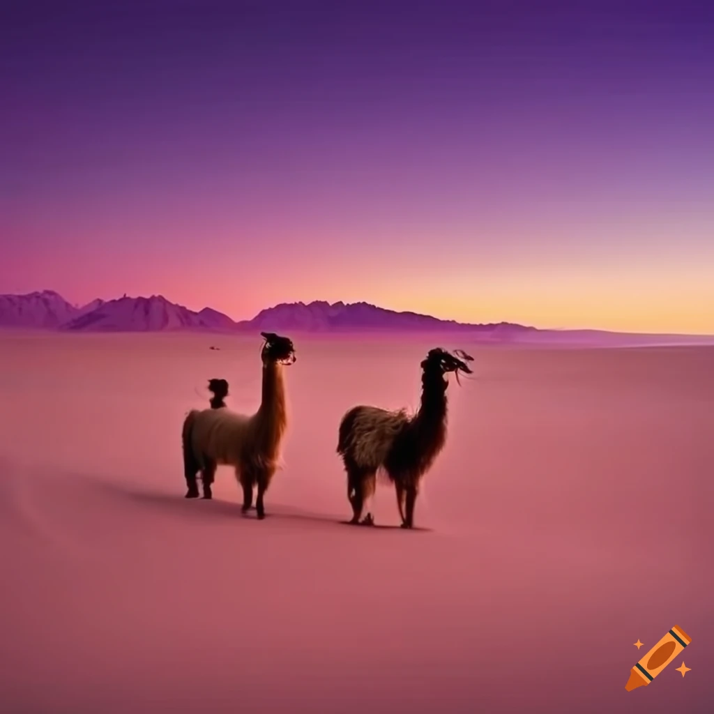 Brett michaels of poison riding a llama in a desert at sunset, glam ...