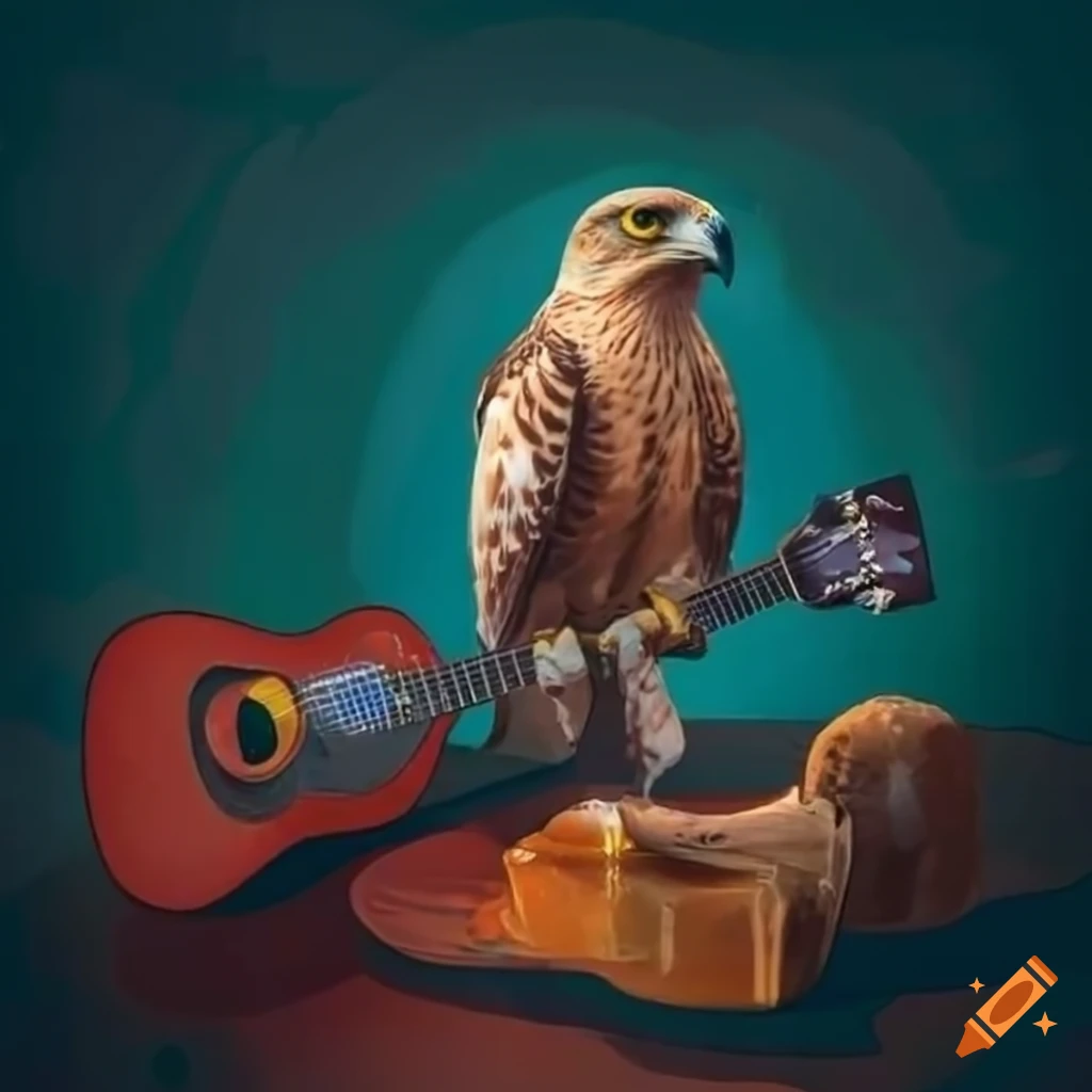 Hawk playing guitar with sunglasses and ale mug on Craiyon