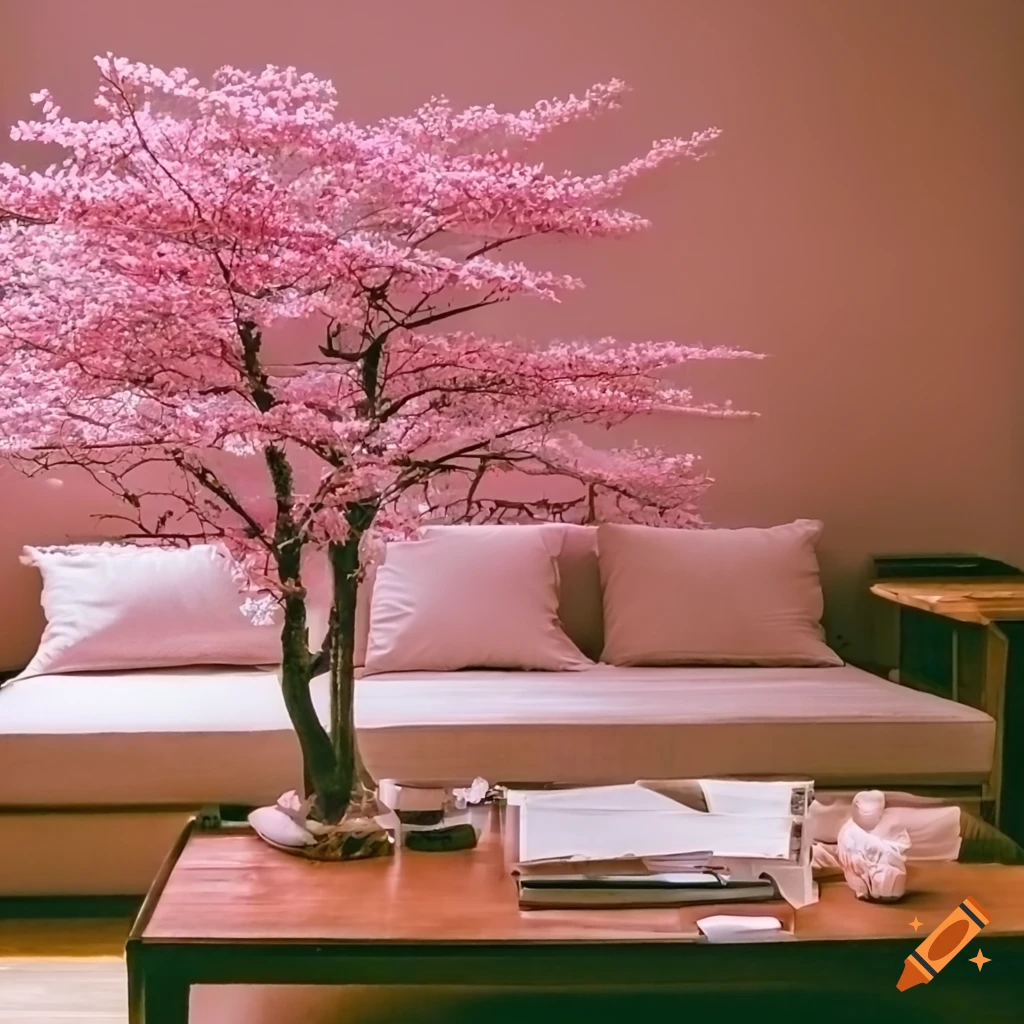 Japanese living room with small pink trees in corners on Craiyon