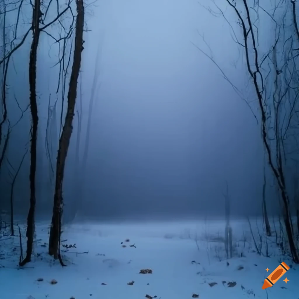 Desolate frozen foggy forest with blood in the snow on Craiyon