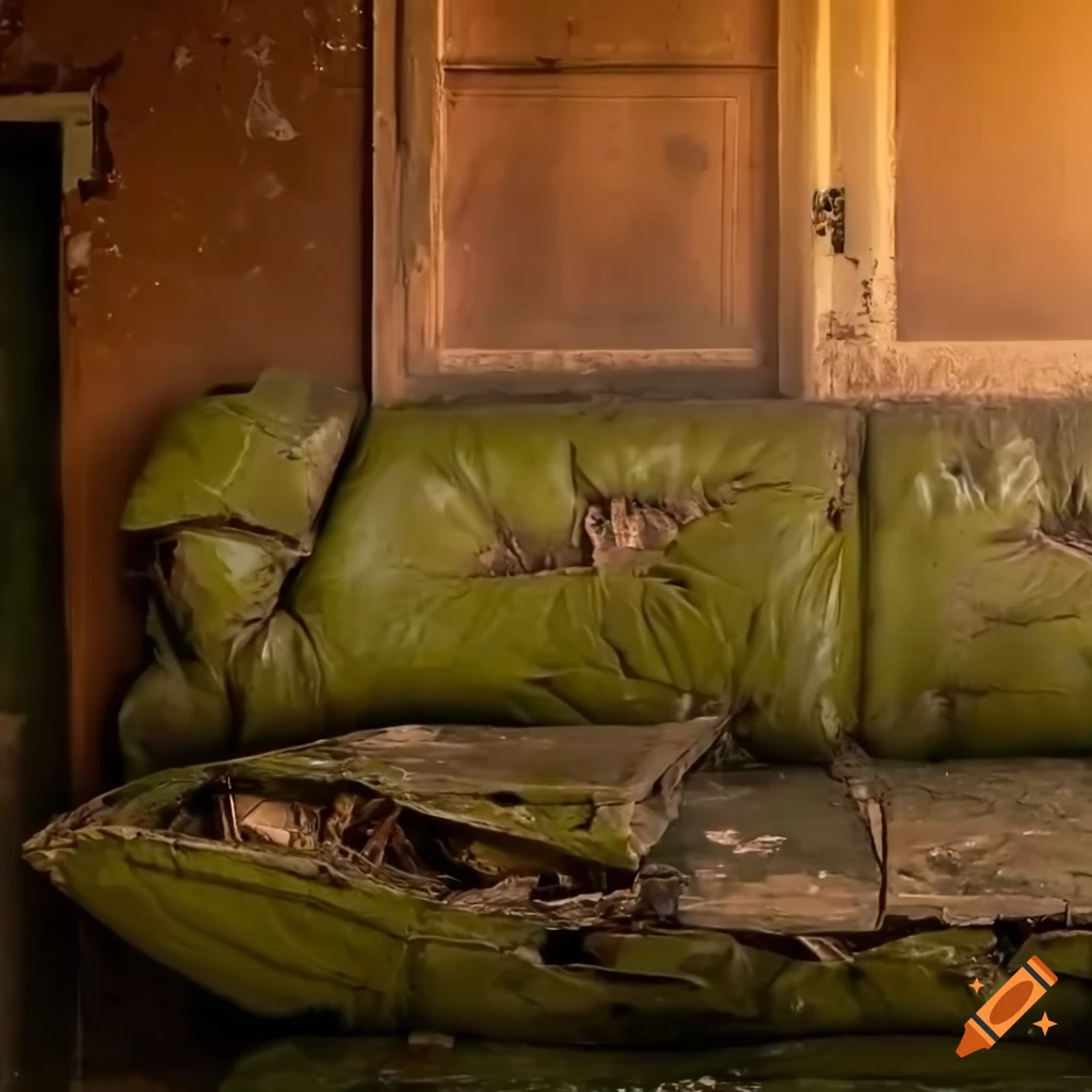 Destroyed olive green leather couch in flooded doorway with sinking ...