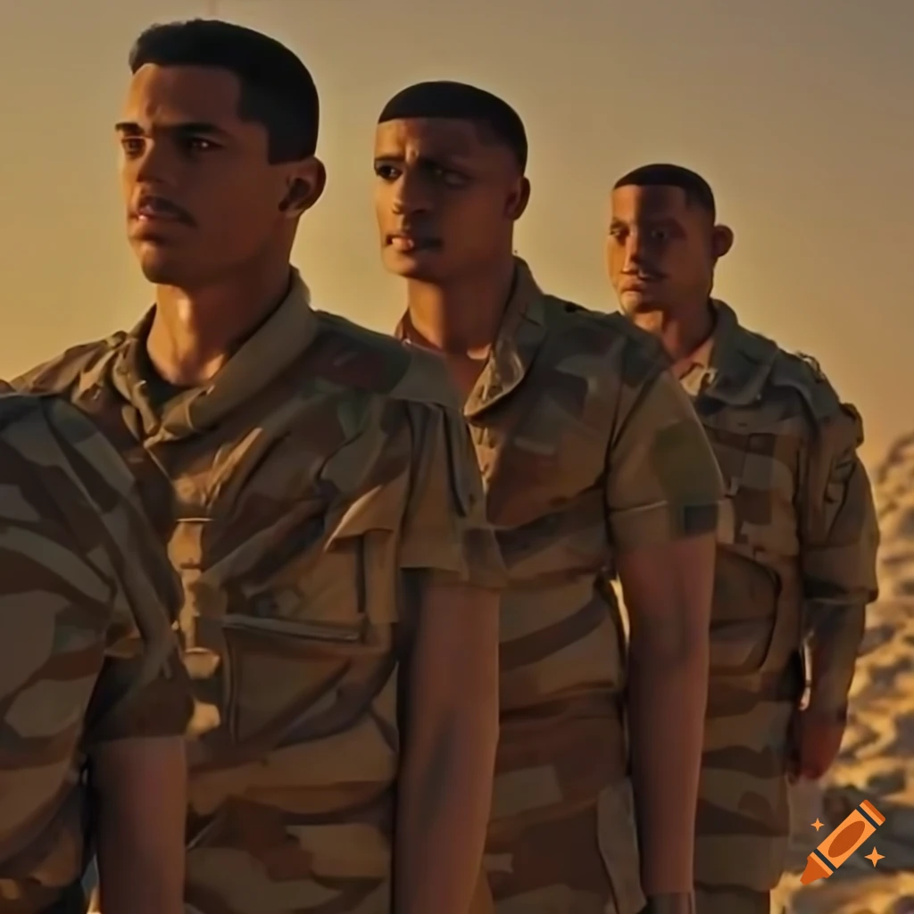 Army soldiers standing at attention in a desert military base on Craiyon