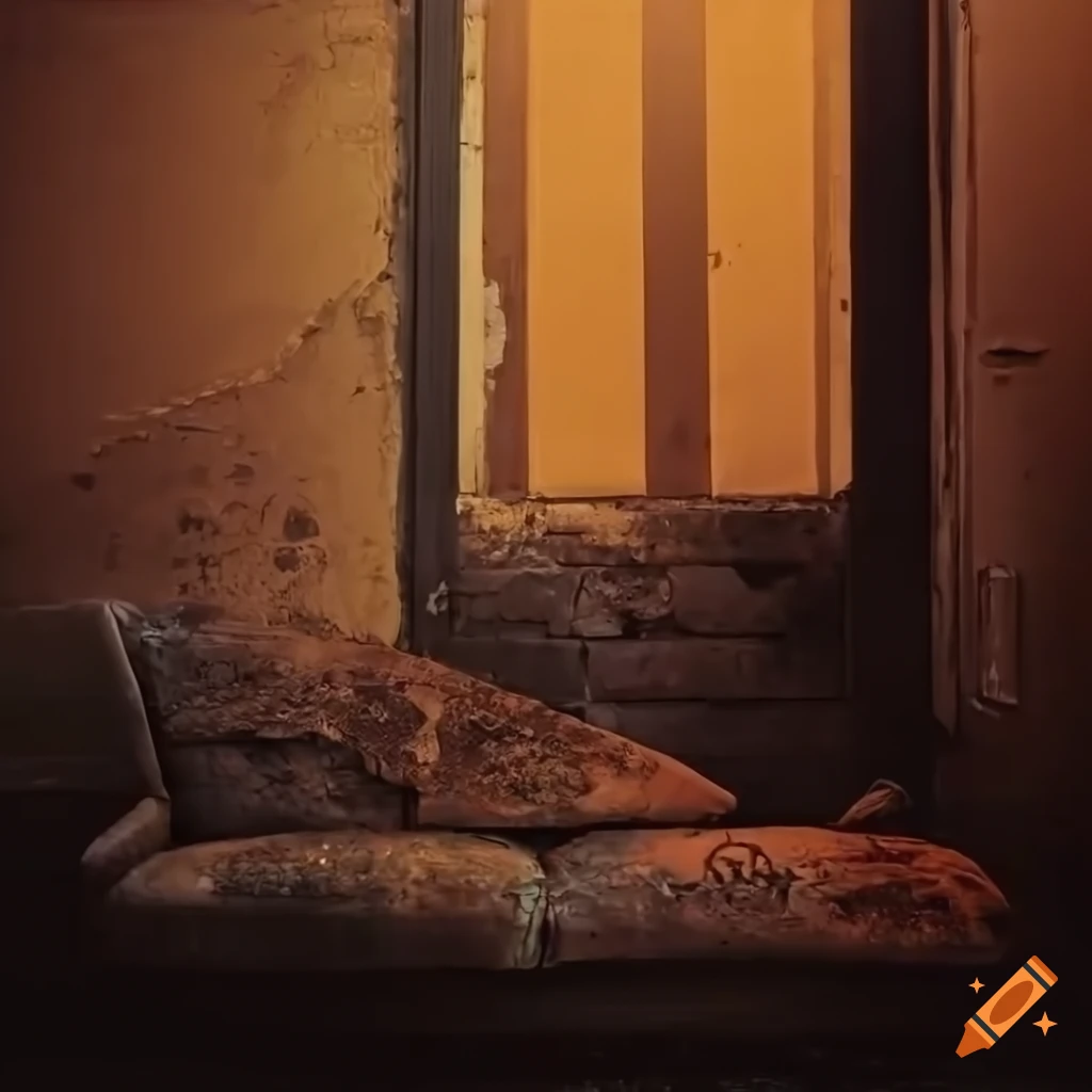 Close-up view of destroyed couch in flooded brick doorway with ...