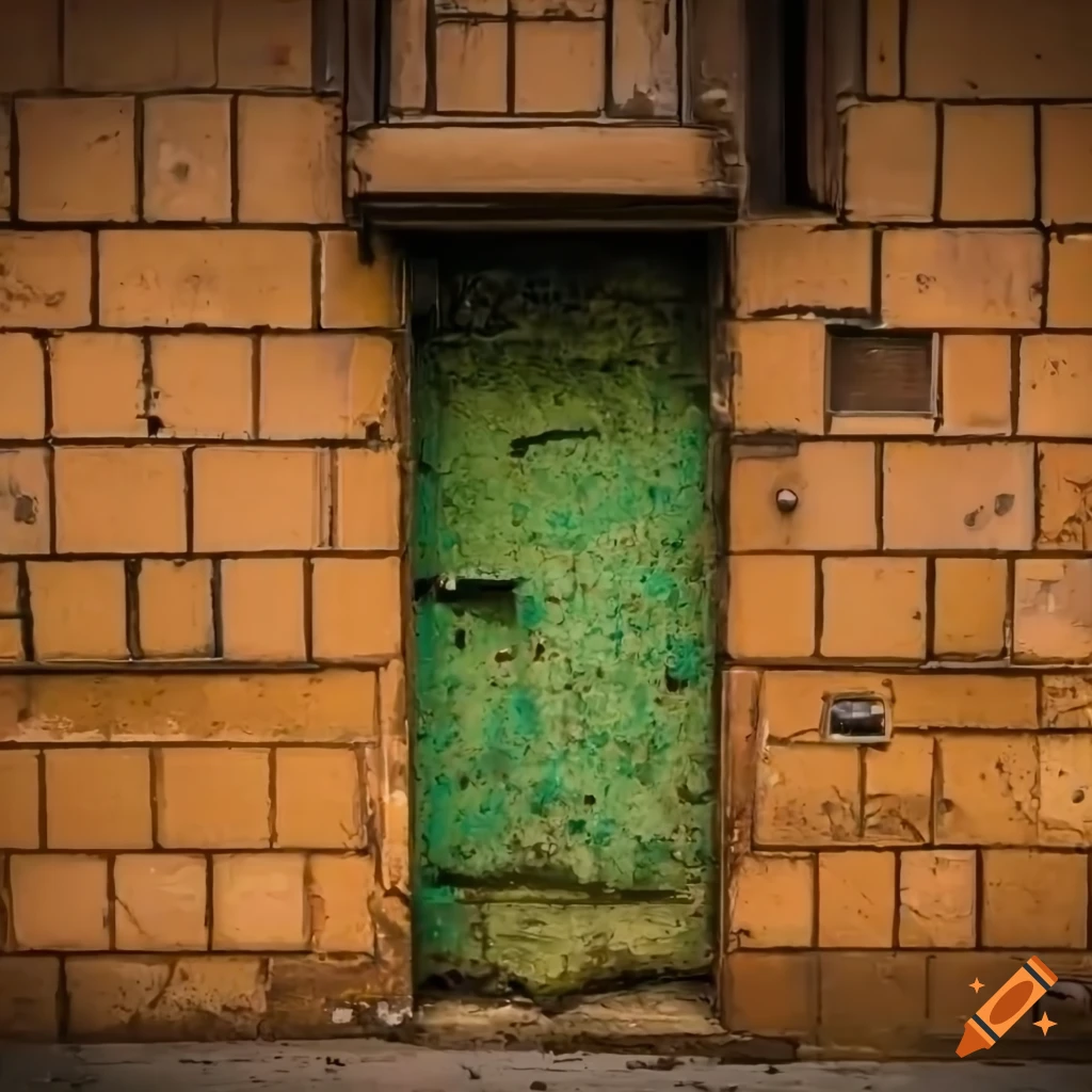 Close-up of flooded door with abandoned buildings sinking into ocean in ...