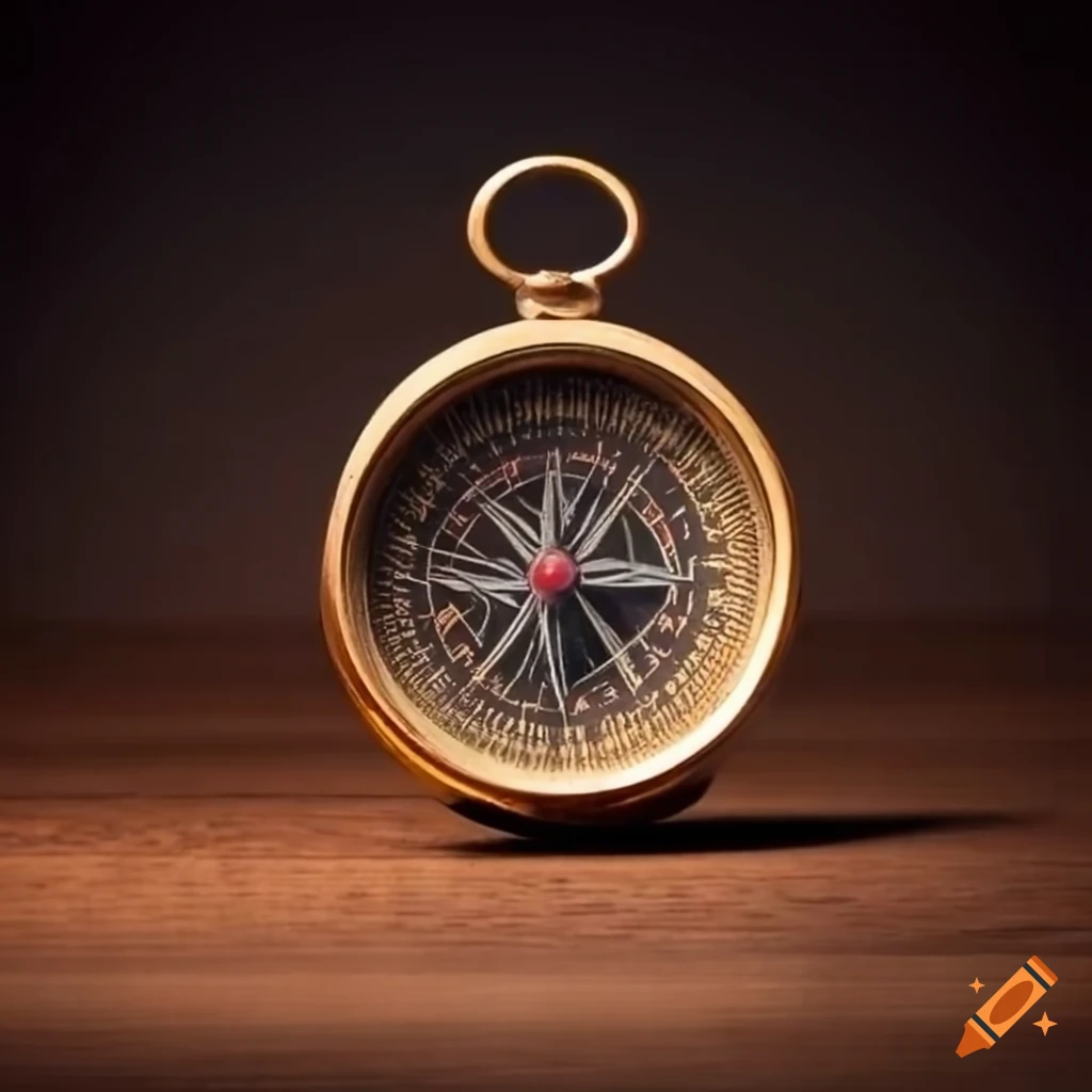 Traditional compass with red tip on wooden table on Craiyon