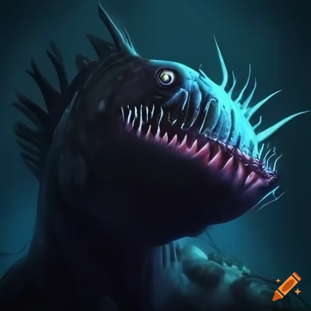 Muscular humanoid anglerfish deep sea monster portrait on Craiyon