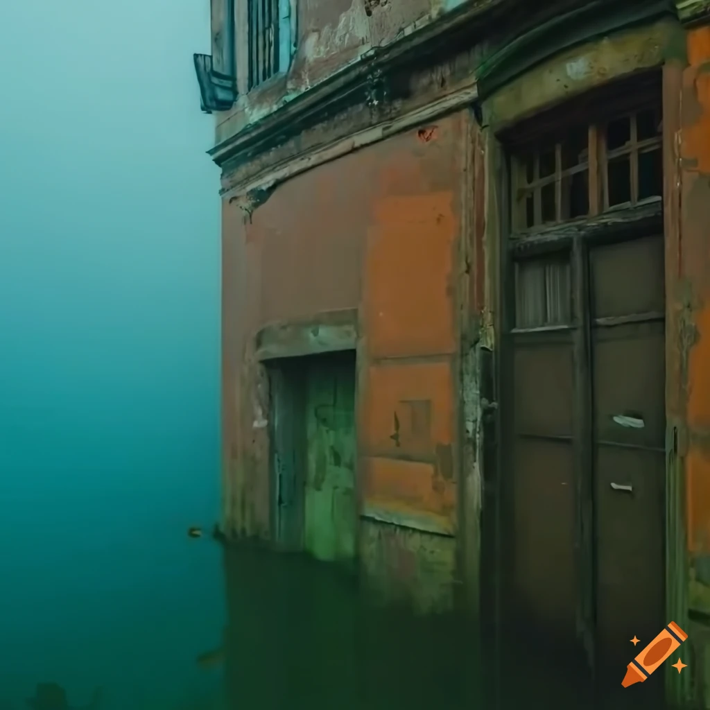 Close view of flooded doorway with sinking buildings into ocean in a ...