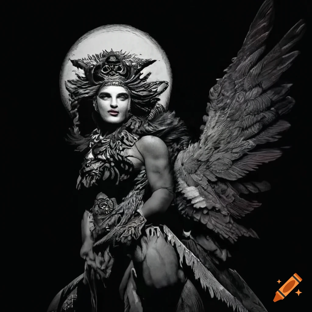 Intricately detailed pen and ink fantasy art of a powerful winged woman ...