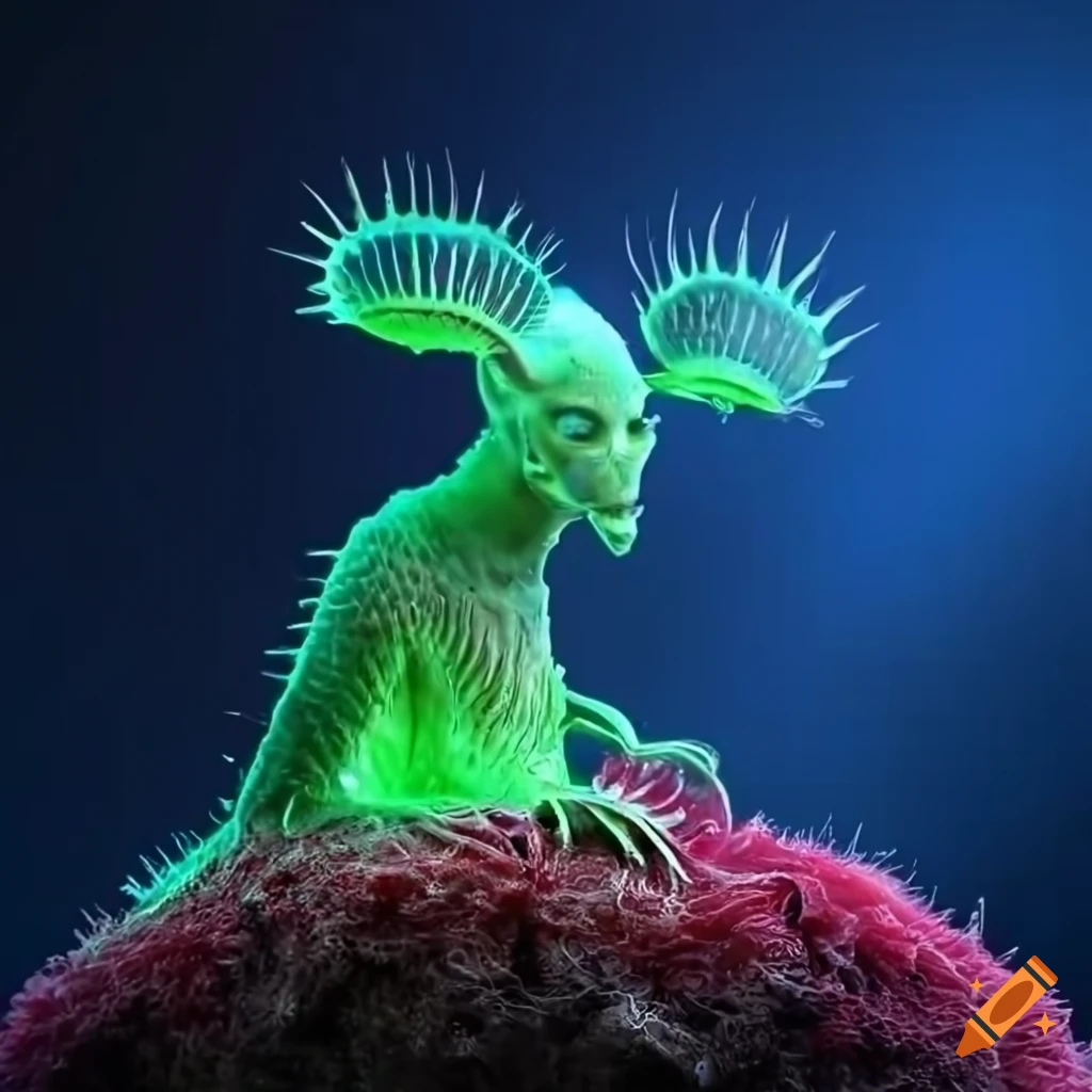Biopunk Venus flytrap creature in a moss-covered cityscape with ...