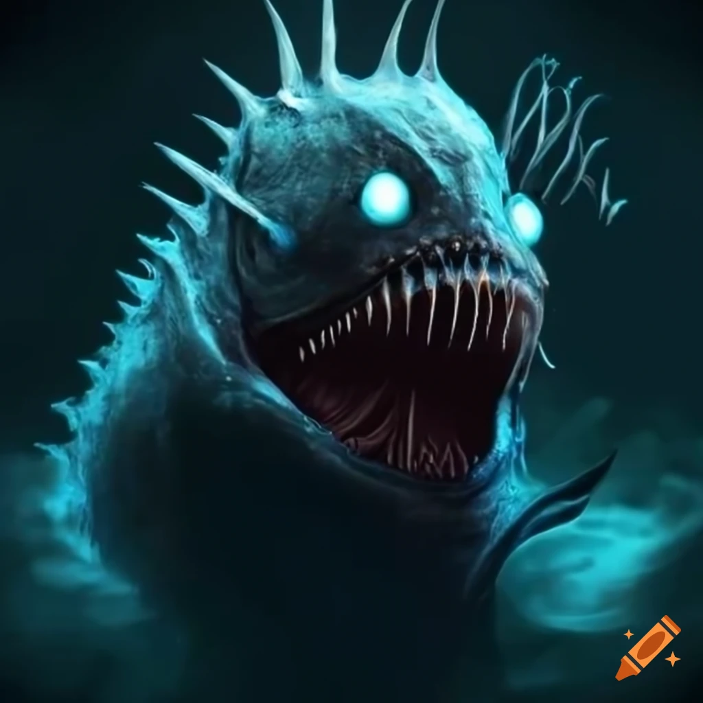 Muscular humanoid anglerfish deep sea monster in a black portrait on ...