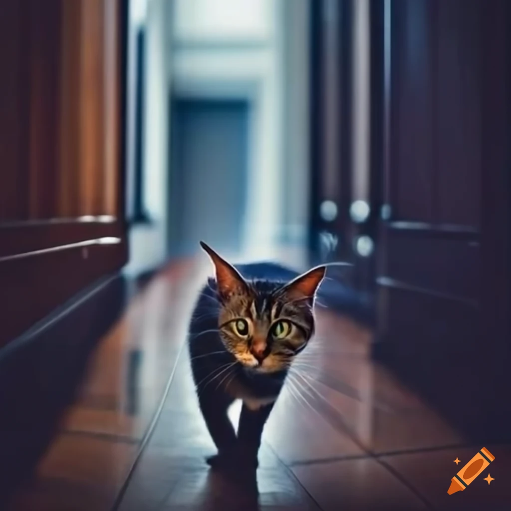 Elegant cat walking down a hallway on Craiyon