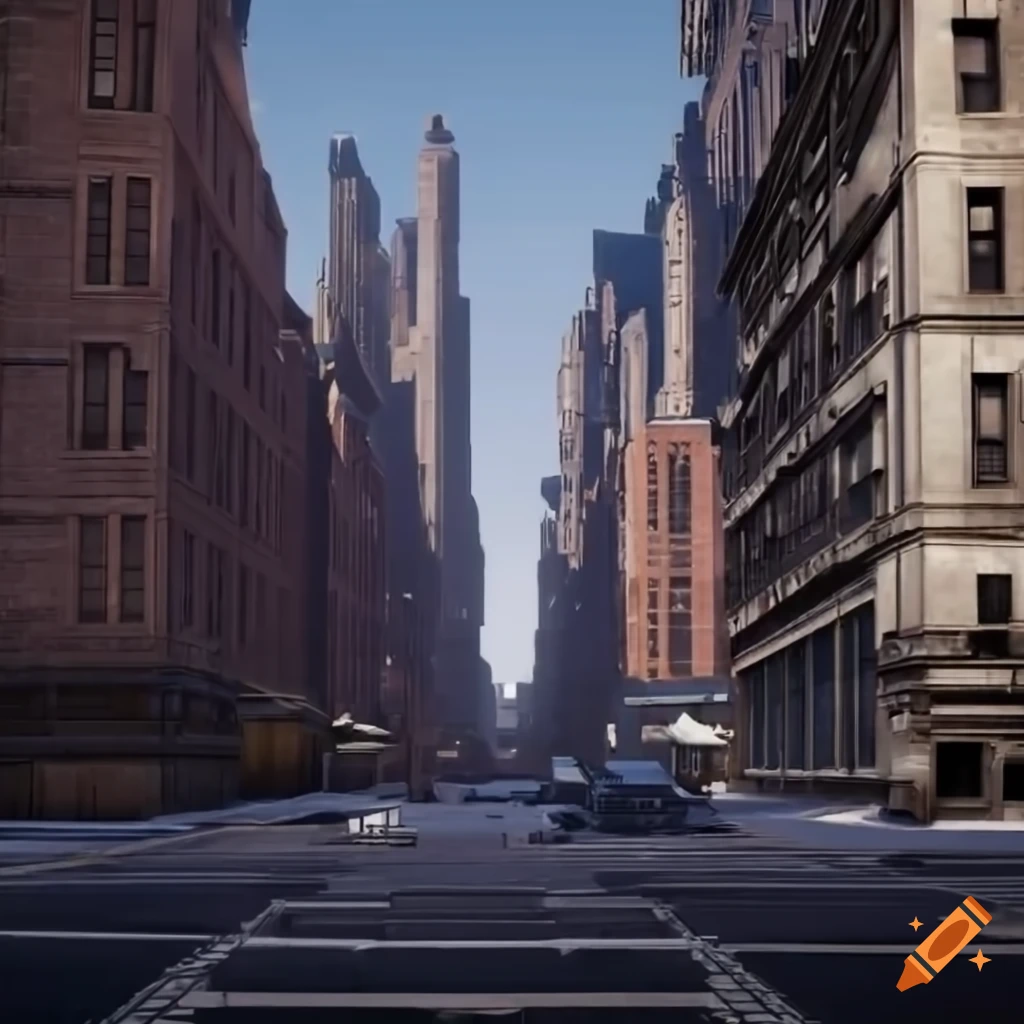 Sci-fi New York street with historical houses and skyscrapers under a ...
