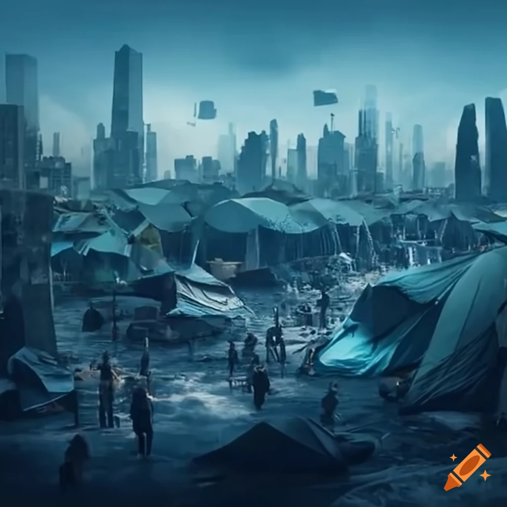 Climate refugee camp in futuristic city on Craiyon