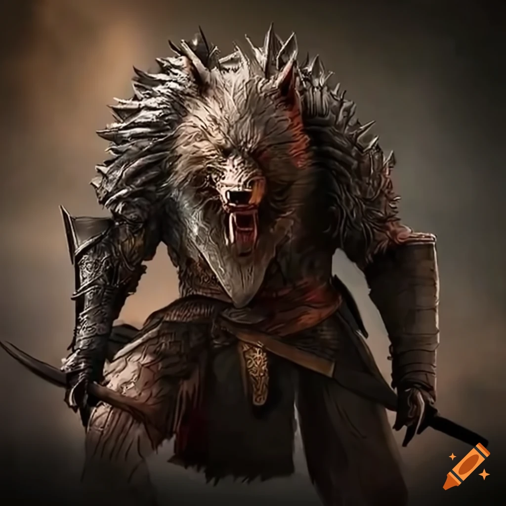 Fierce werewolf knight in ancient armor with a magical sword on Craiyon