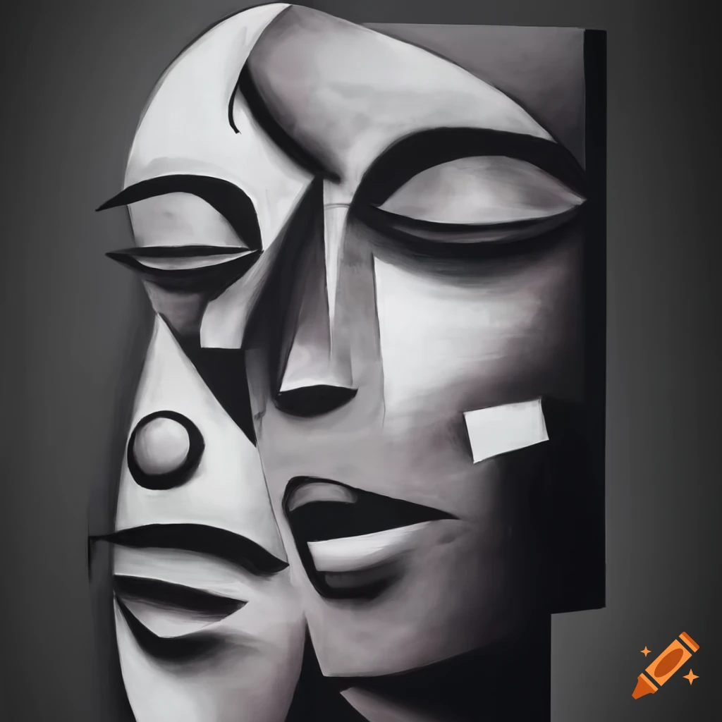 Cubist art featuring three faces merging into one in grayscale tones on ...