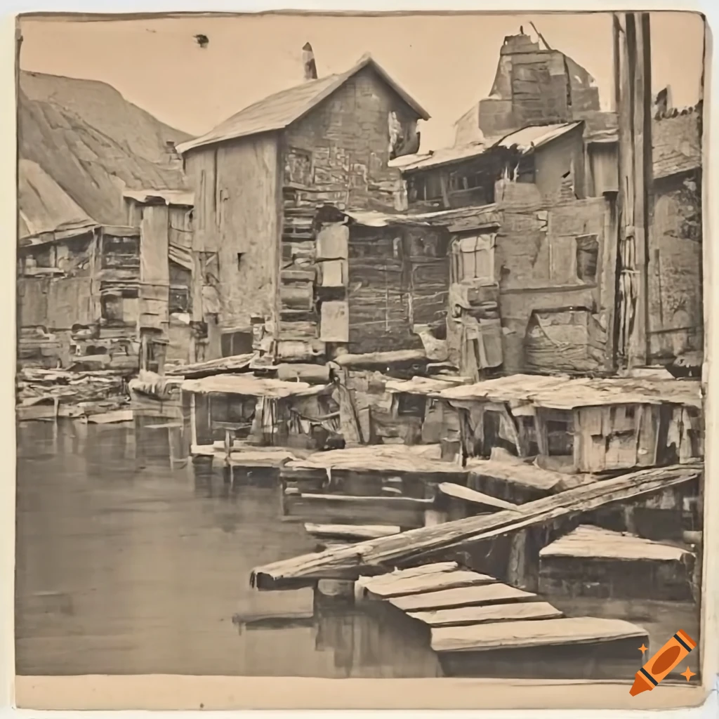 City slums with structures on stilts by the lake on Craiyon