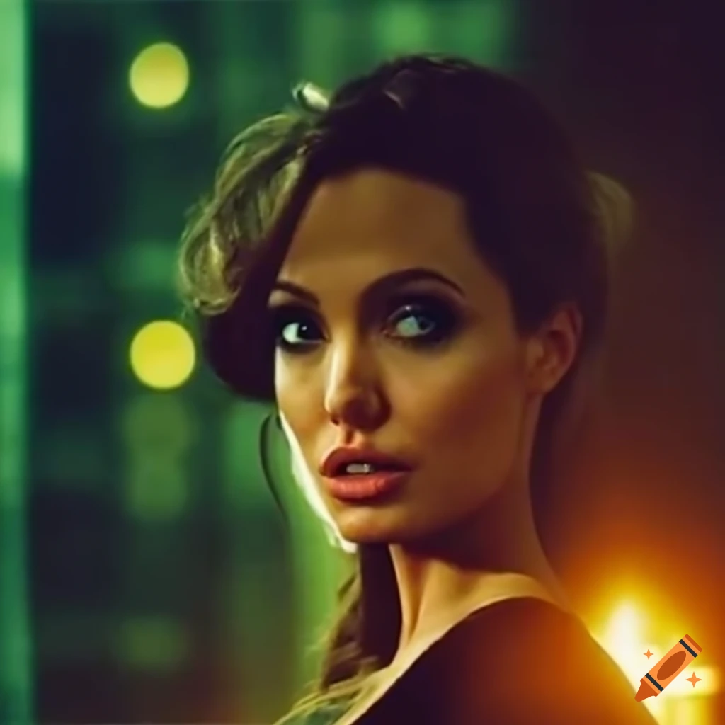 Movie scene with Angelina Jolie in an action shot from Bladerunner on Craiyon