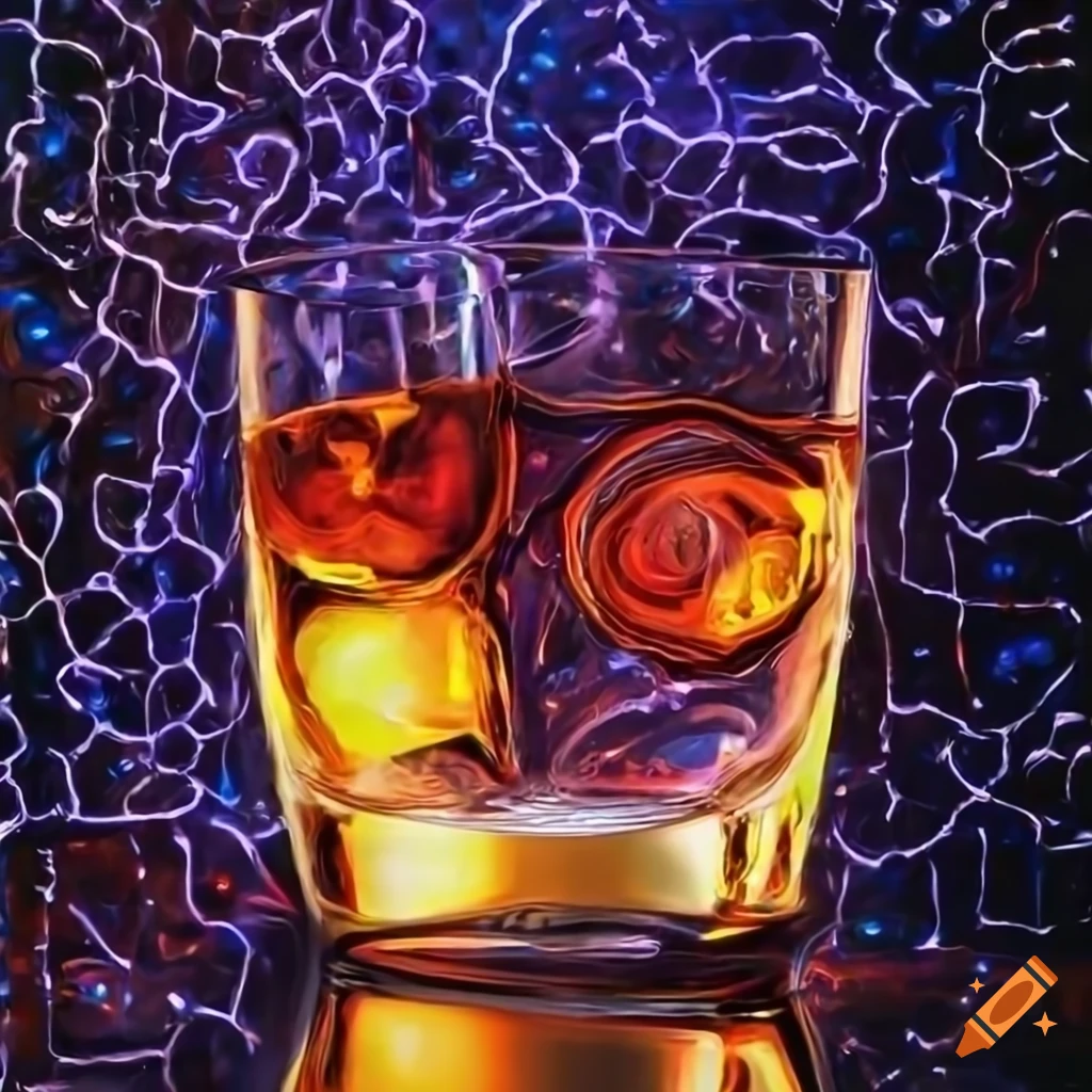 Glass of brandy and ice in neon light abstract painting on Craiyon