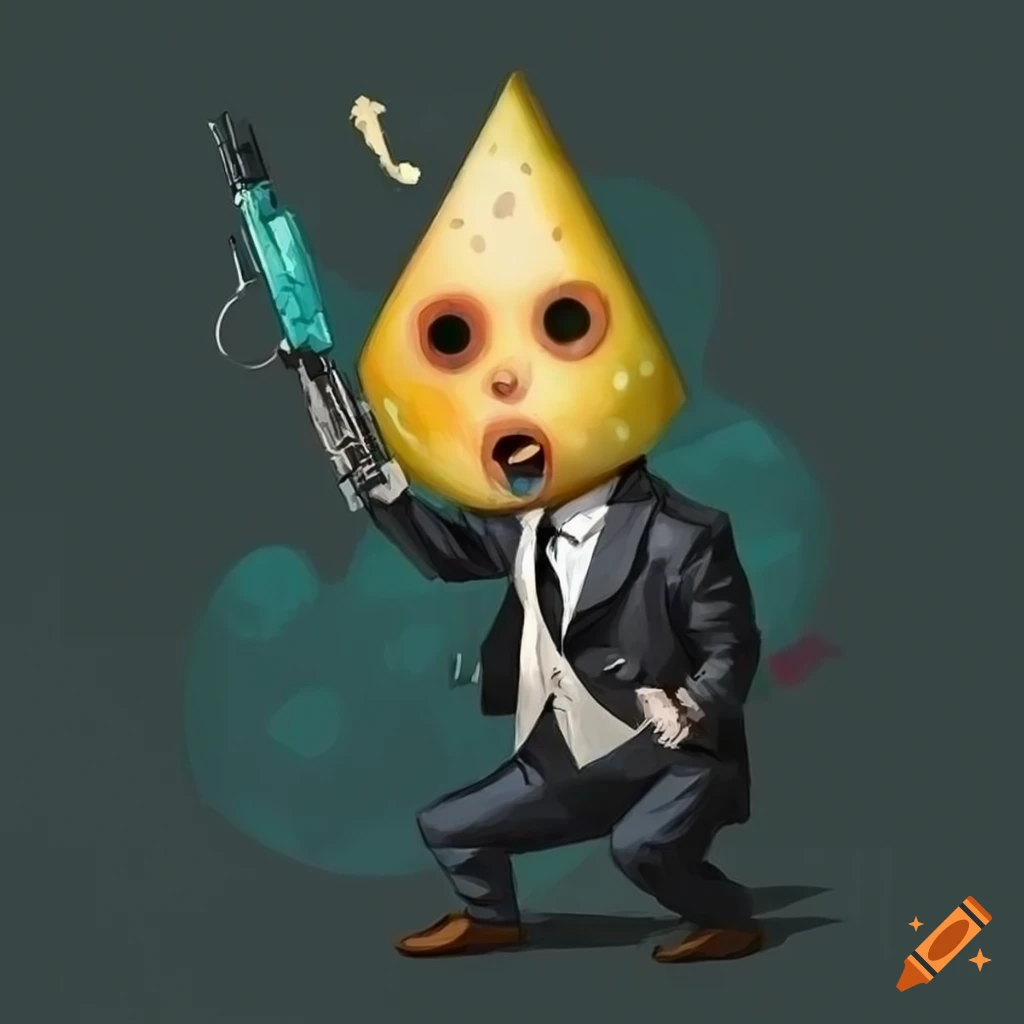 Man in a suit with a cheese head holding a gun in peculiar artwork on ...