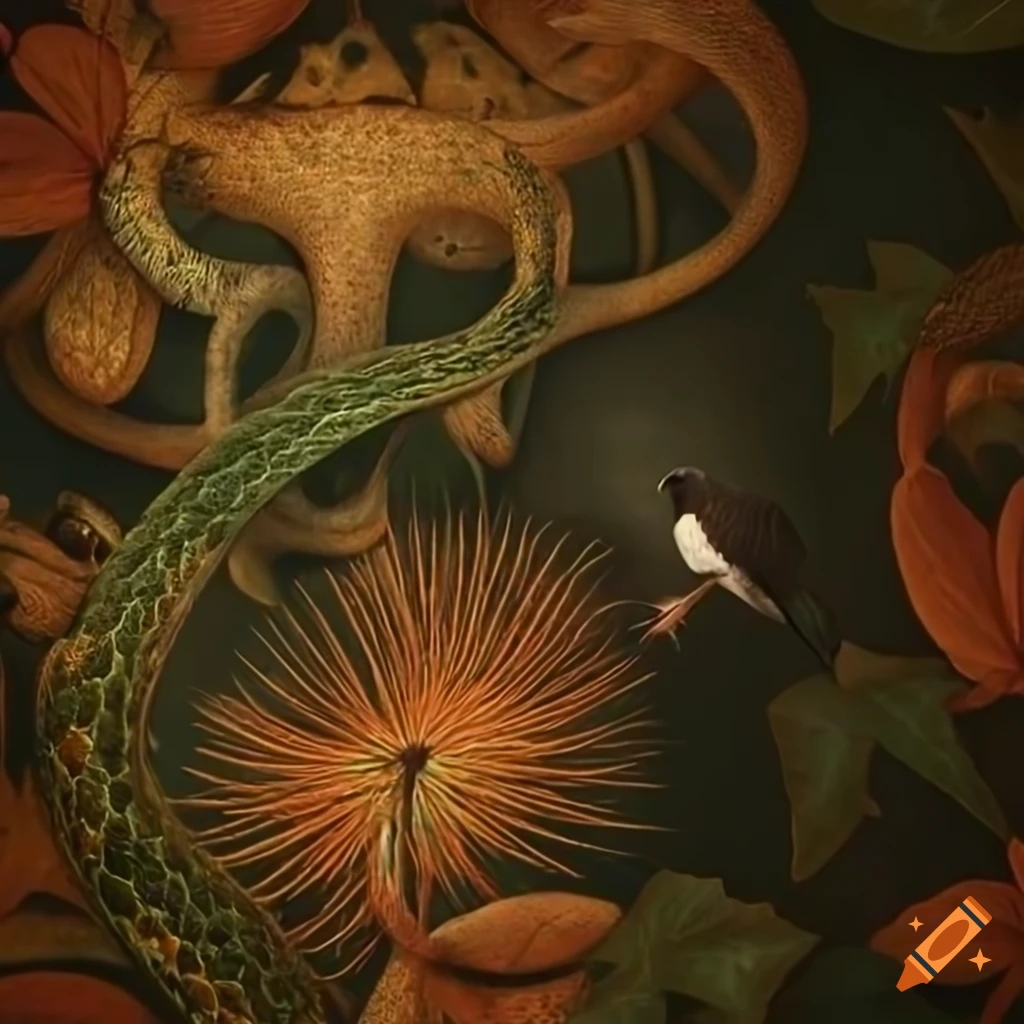 Lithograph of exotic flora and fauna on vintage wallpaper background in high resolution on Craiyon