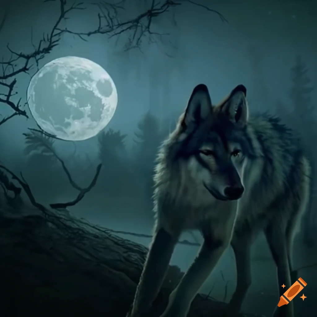 Spooky jungle with wolves under a full moon in foggy weather on Craiyon