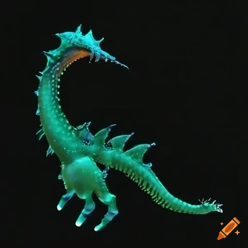 Sea dragon leviathan with green body, tentacles, and glowing eyes on ...