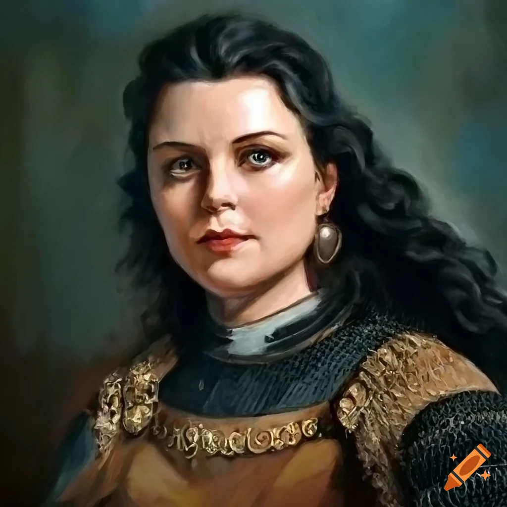 Oil painting of a calm viking female with long curly black hair and ...