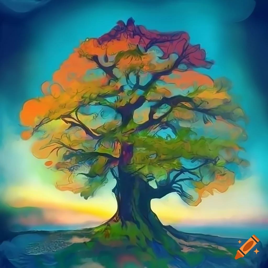 Mighty oak tree with quill and scroll at the base near the ocean in ...