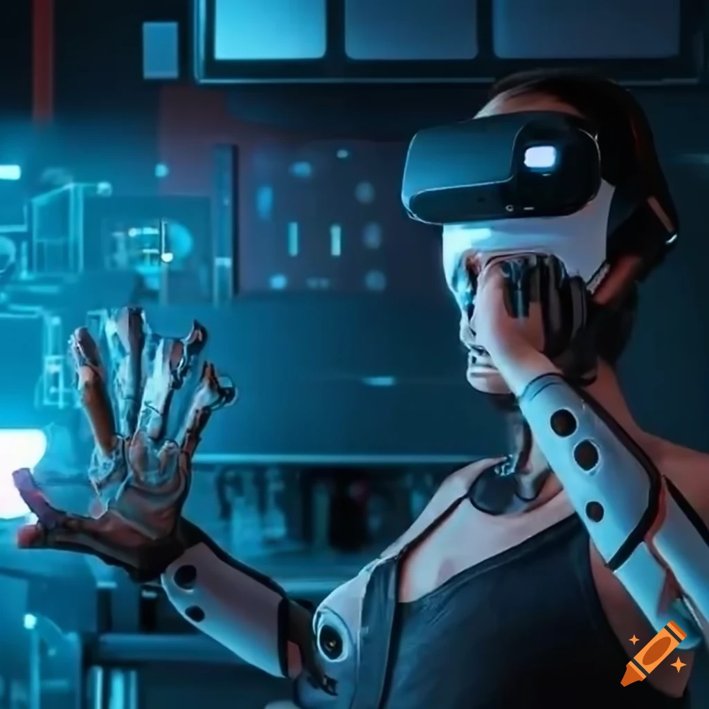 Futuristic cyborg in vr simulation of human life on Craiyon