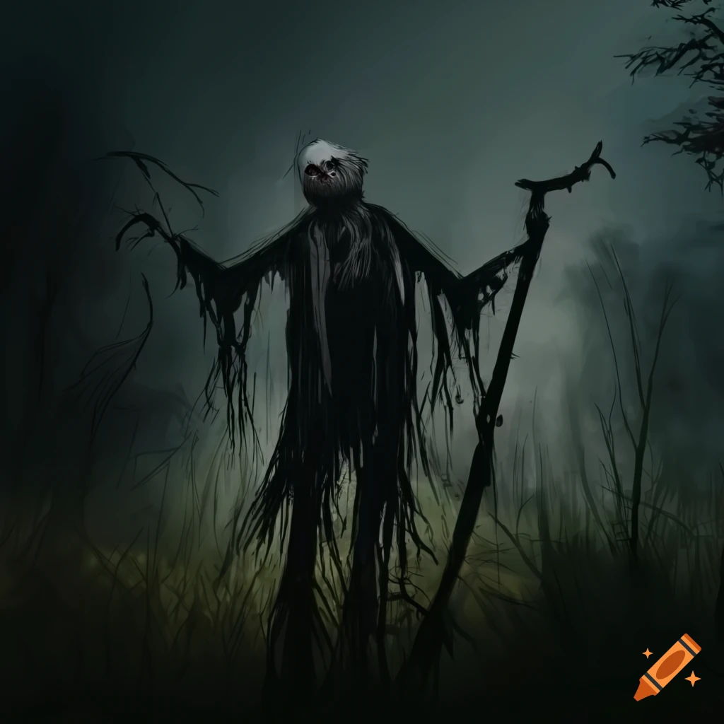 Eerie scarecrow creature holding a scythe in the countryside on Craiyon