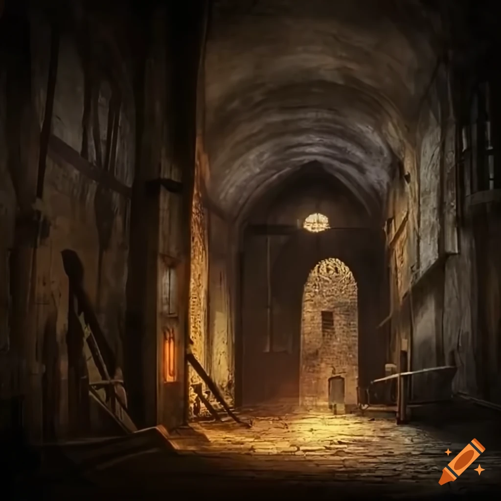 Steampunk medieval prison complex with monks on a rainy night on Craiyon