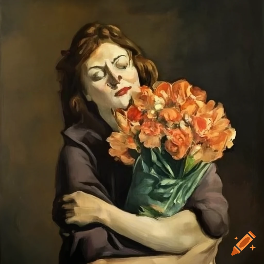 Joyful woman embracing a large bouquet of flowers in the style of ...