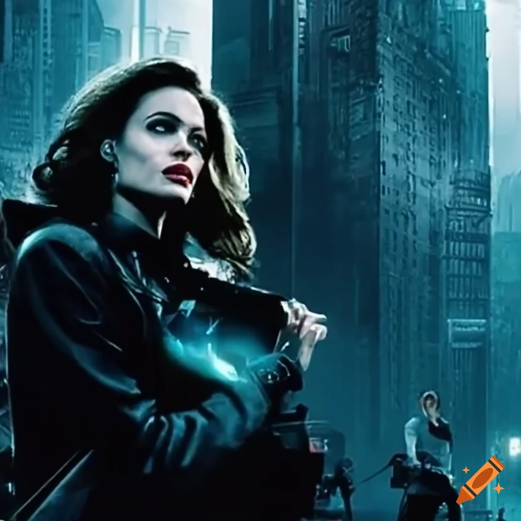 Angelina Jolie in action in a movie scene resembling Bladerunner on Craiyon