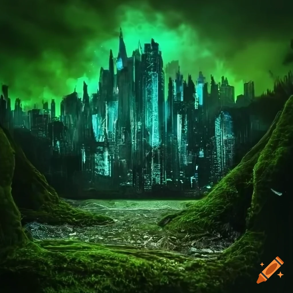 Glowing biopunk cityscape with green moss, plants, mushrooms, crystals ...