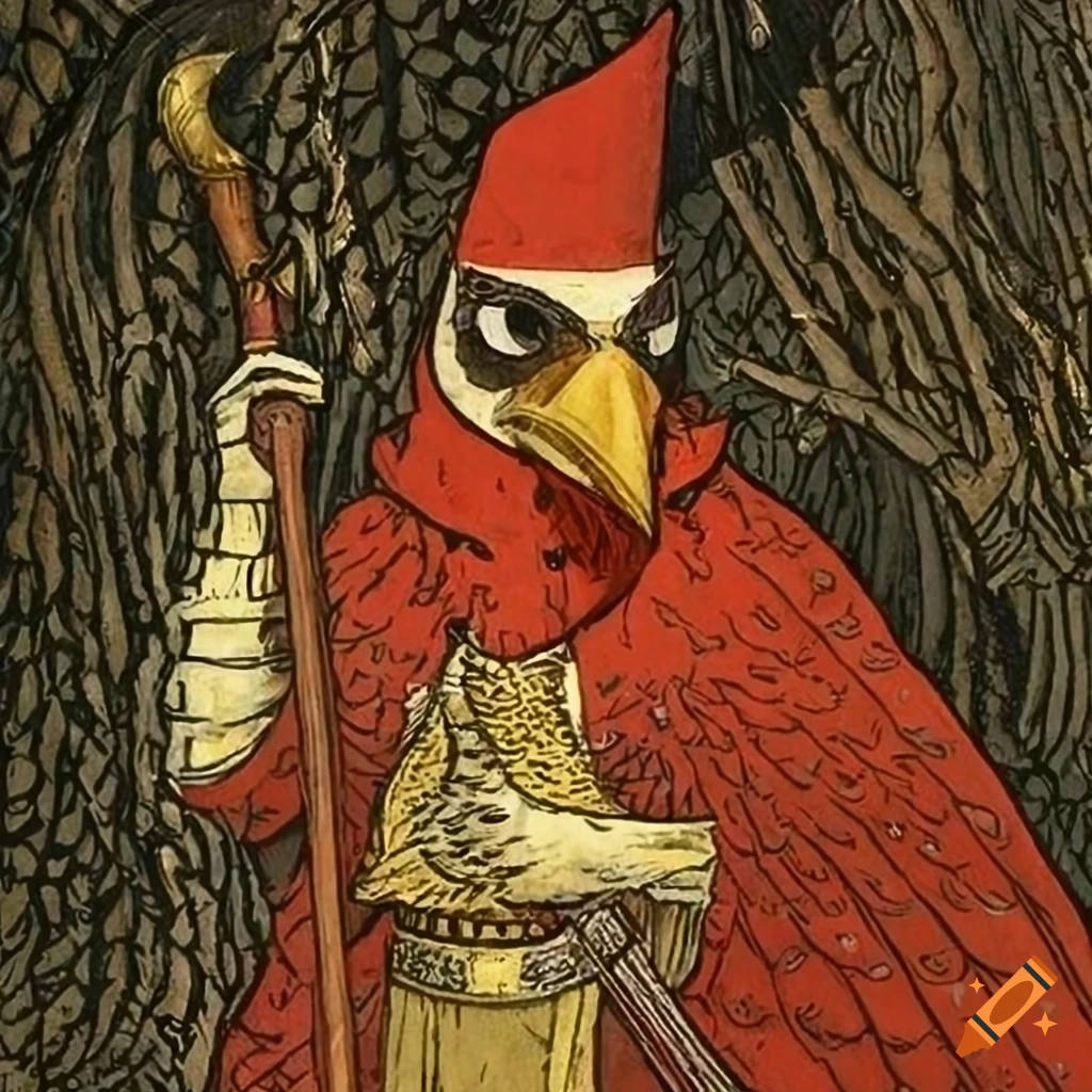 Anthropomorphic cardinal bird in red cloak holding staff and shield ...