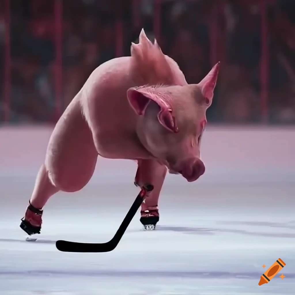 Hockey playing pig scoring a game-winning goal on Craiyon