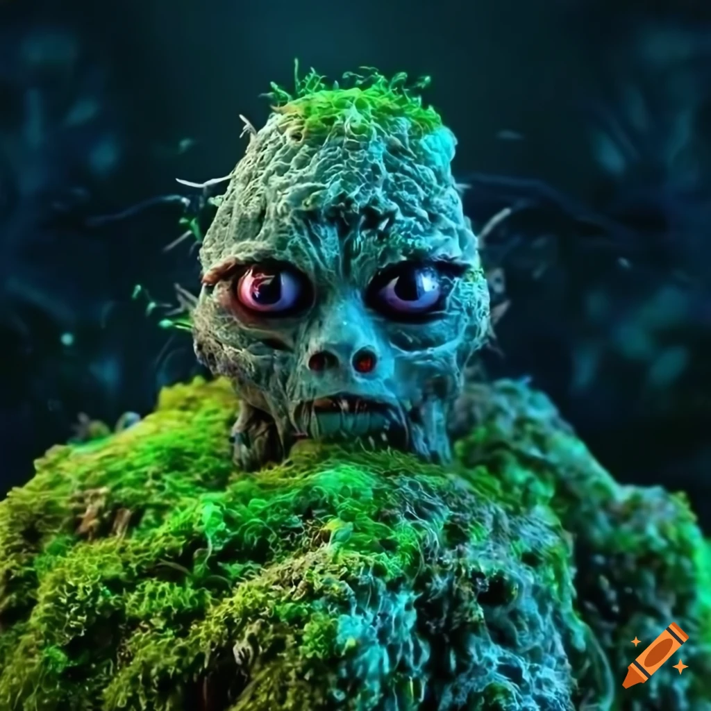 Biopunk cityscape with glowing green moss, plants, mushrooms, crystals ...