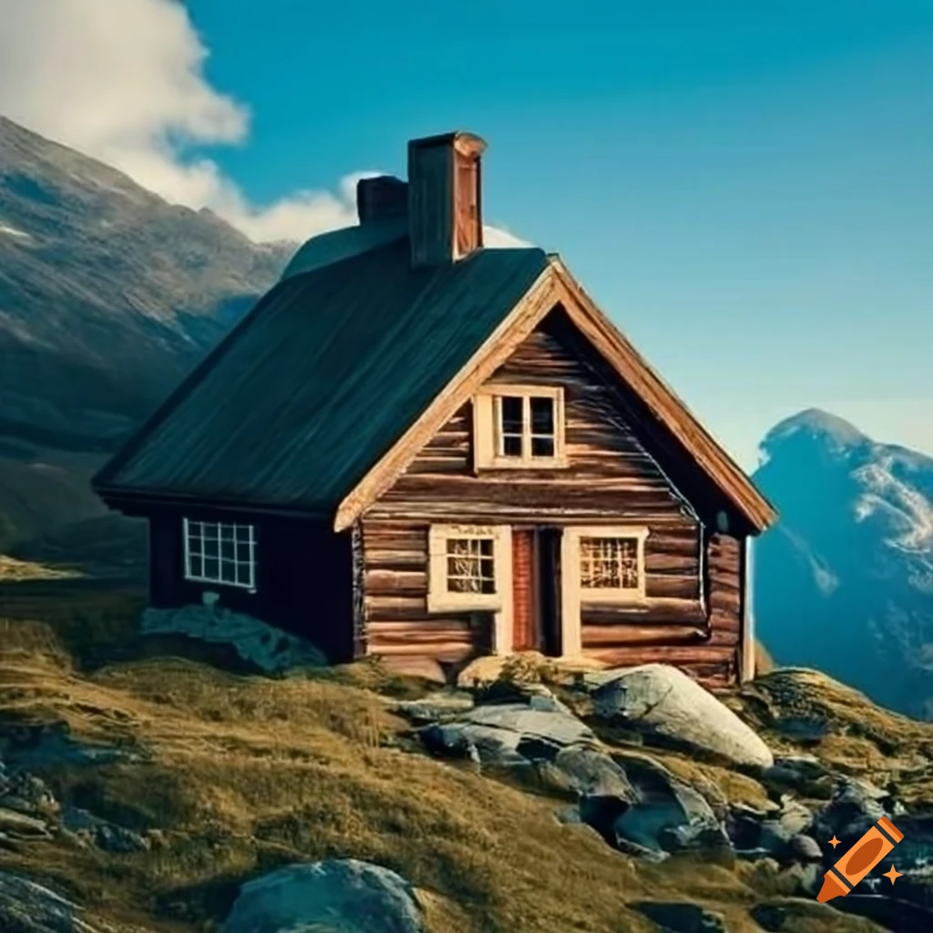 Traditional norwegian cabin nestled in the mountains on Craiyon