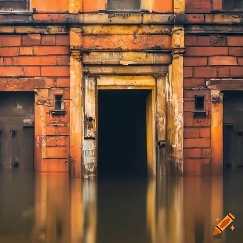 Close-up of flooded doorway with abandoned brick buildings sinking into ...