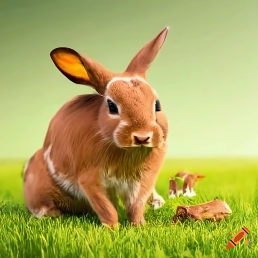 Rabbits and cows grazing and playing in a grassland on Craiyon
