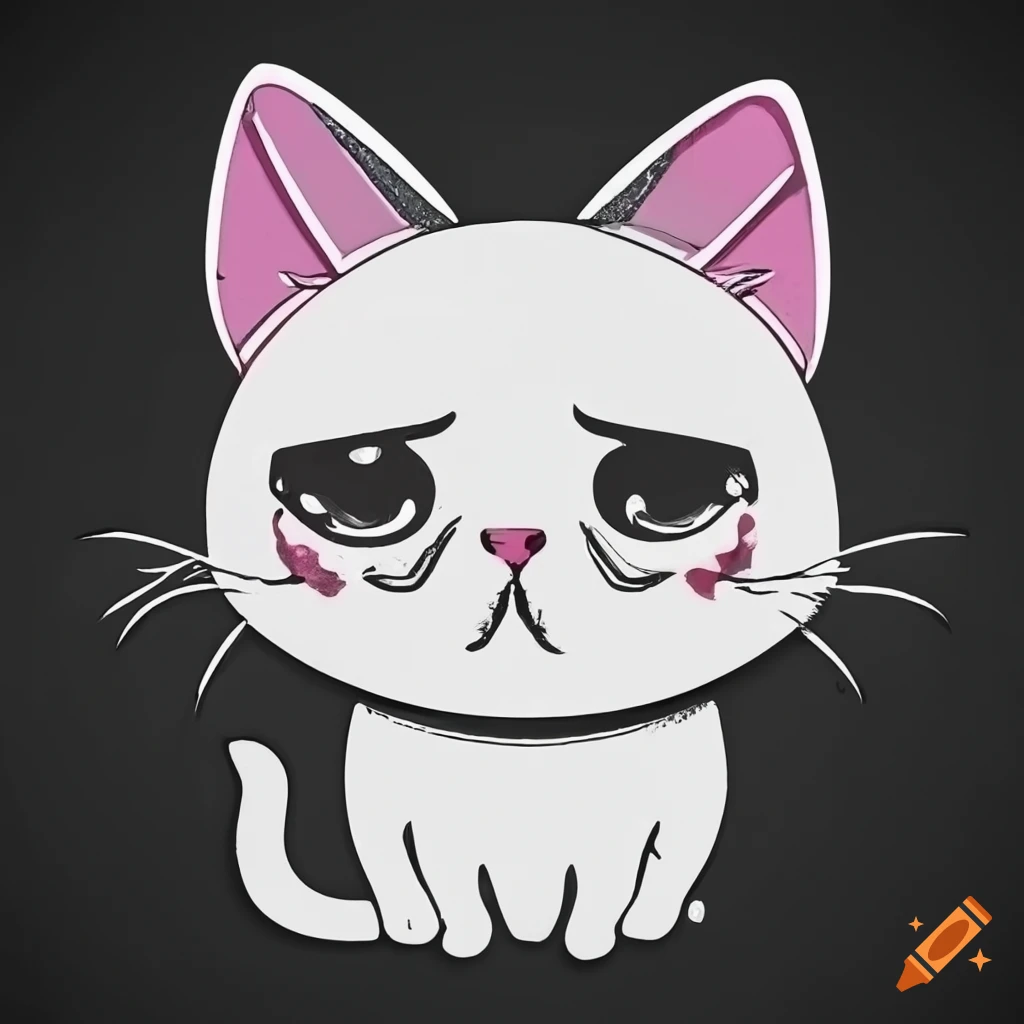 Sad cat white outline on black background on Craiyon