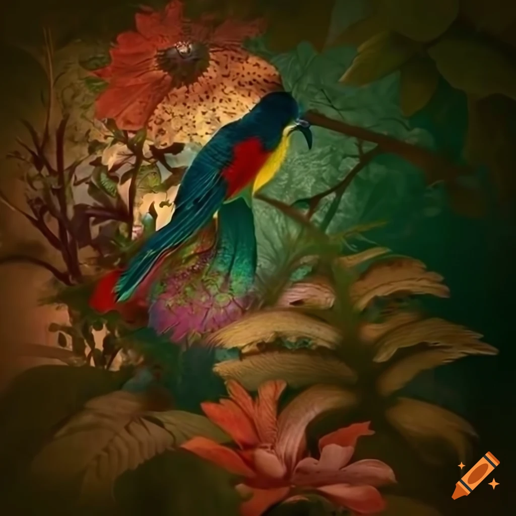 Exotic birds, colorful flowers, snakeskin trees, ivy vines, and dandelion shrubs with vintage ...