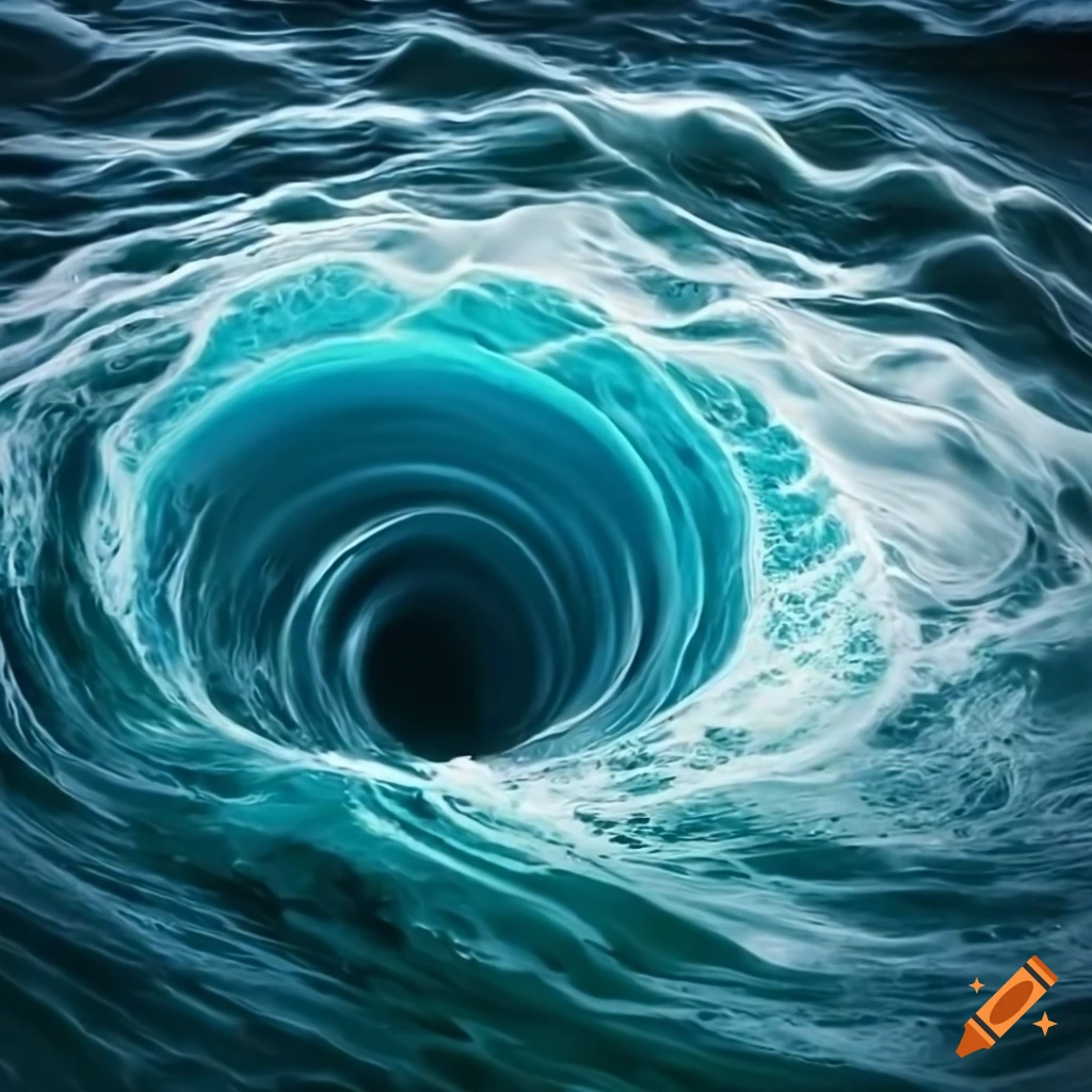 Sea waves with small whirlpools under a grey sky, distant view on Craiyon