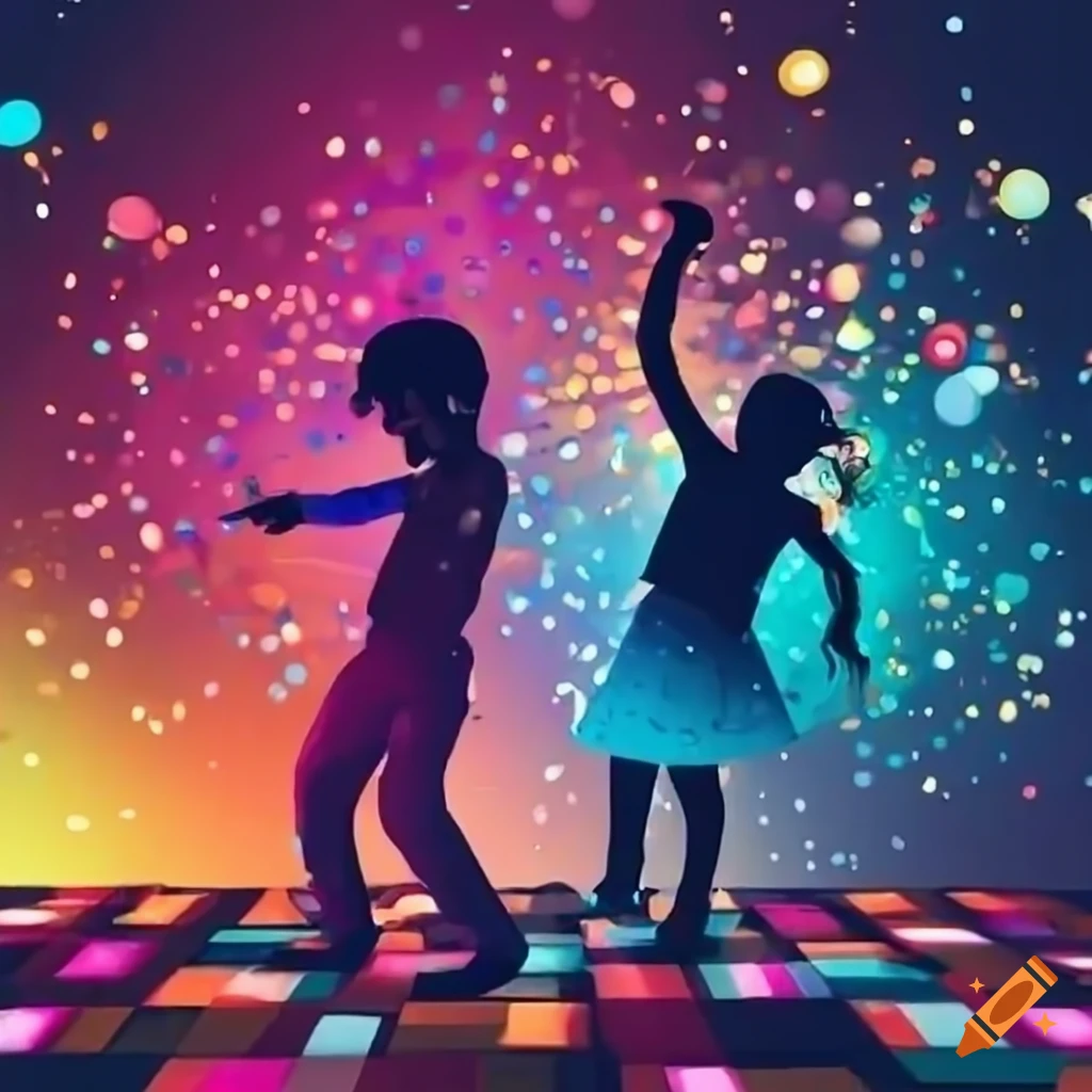 Group of children dancing and enjoying a colorful disco night on Craiyon