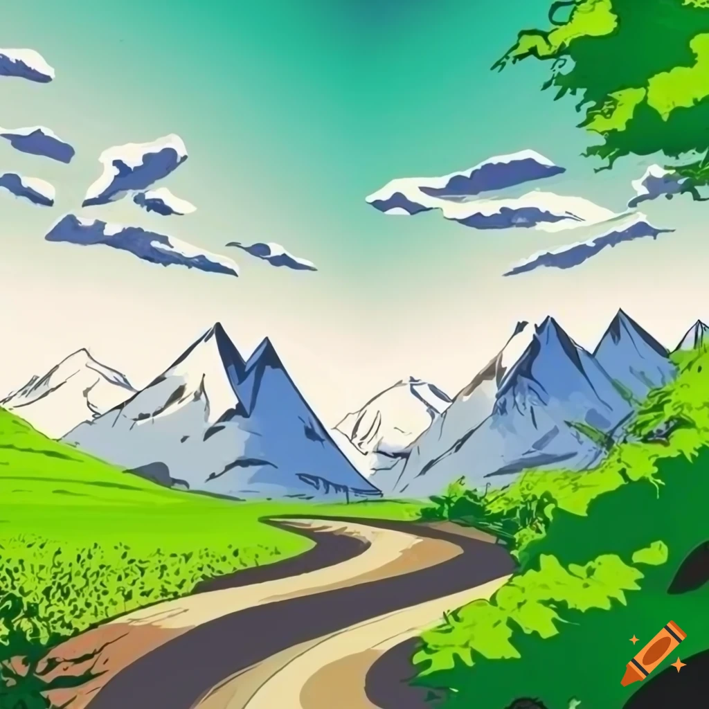 Race to the Mountains comic-style illustration with snow-capped peaks ...